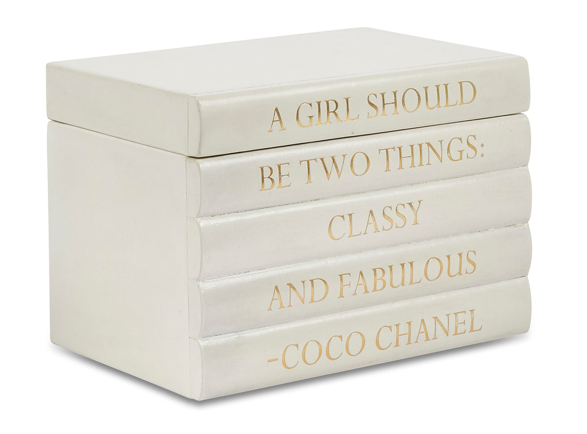 White Leather Bound Box with "A Girl Should Be..." Coco Chanel Quote ...