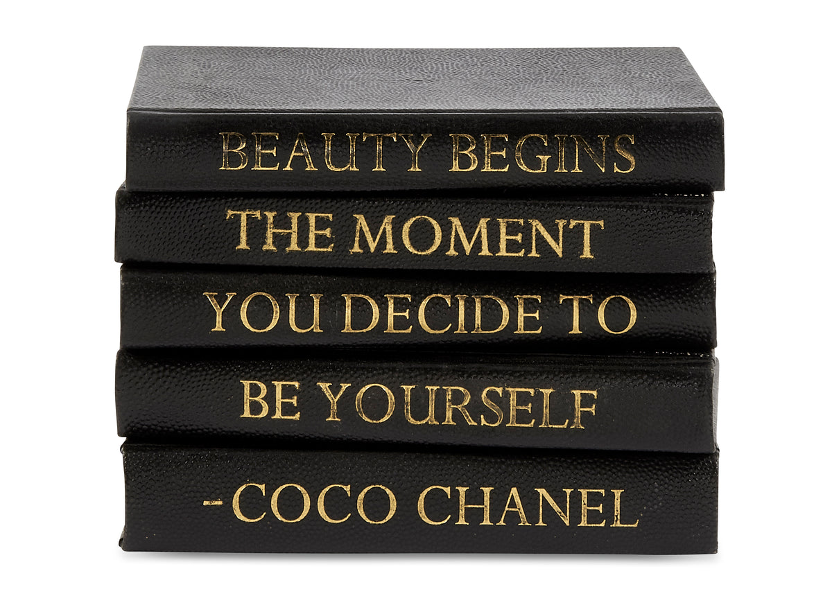 Stack of Black Shagreen Leather Bound Books with Coco Chanel Beauty Qu ...